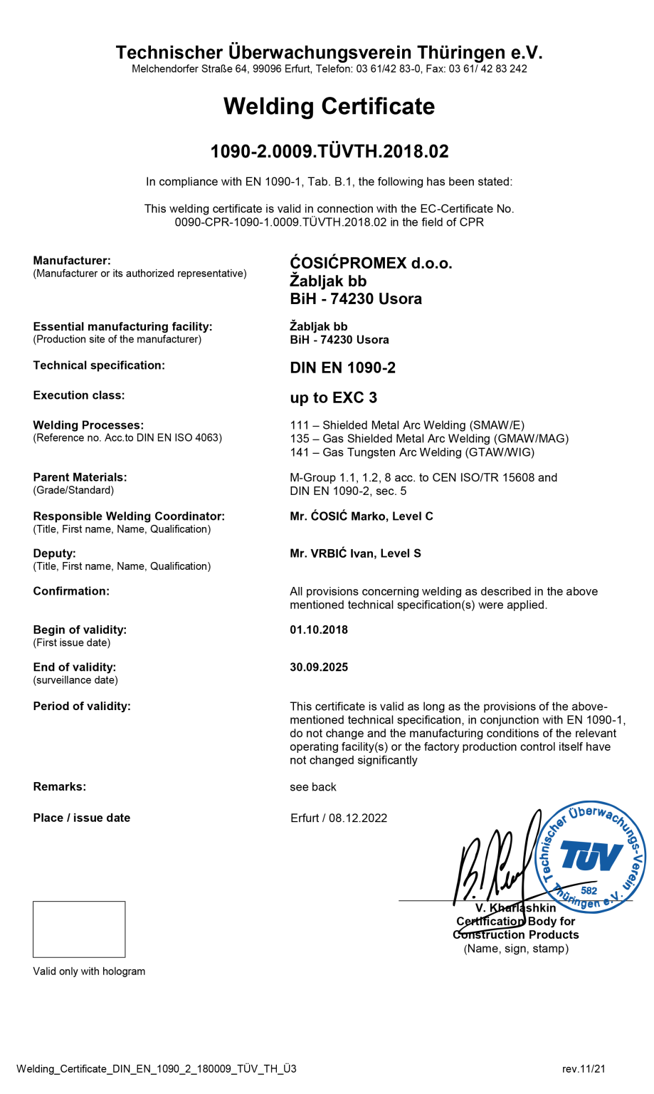 Certifikati – ĆOSIĆPROMEX